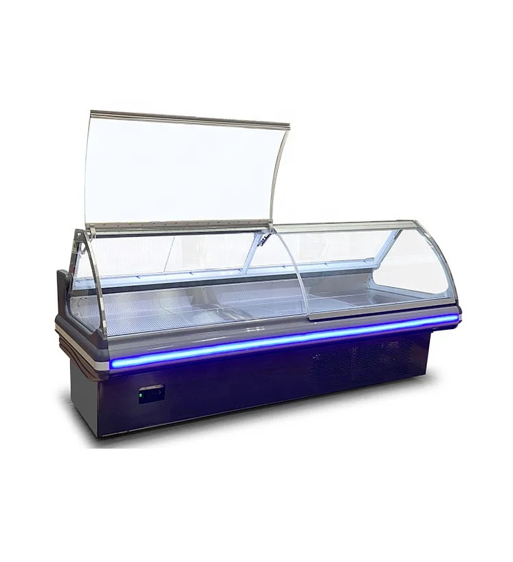 Curved Glass Self Service Display Fridge Meat Display Case Cooked Food ...