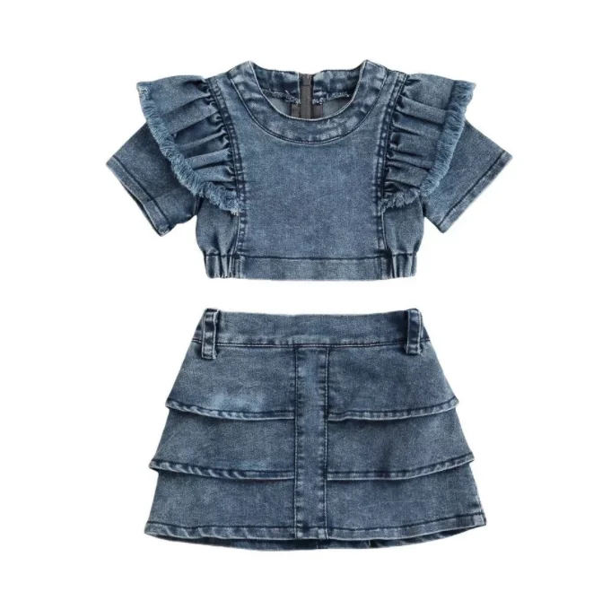 New Ruffled Design Girls 2 Piece Shorts Jumpsuits Denim Fabric Kids ...