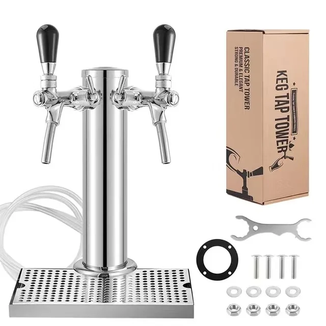 Dual Beer Faucet Tap Kegerator Tower With Beer Drip Tray,3'' Dia. Stainless Steel Column Beer ...