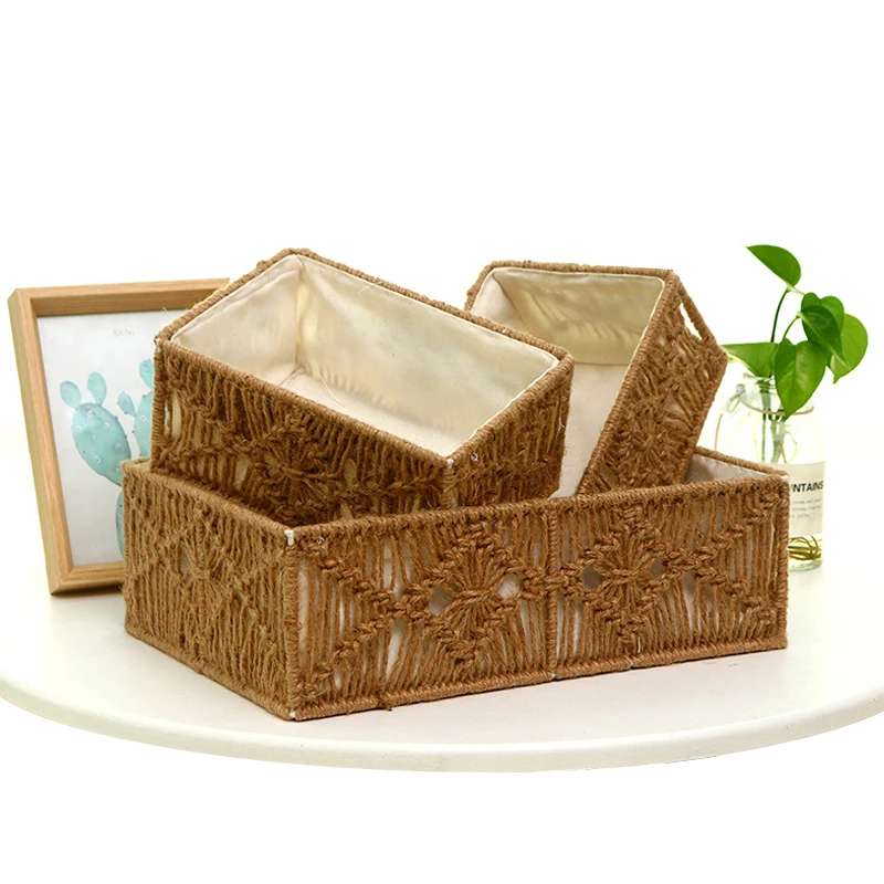 Handmade Woven Decor Macrame Storage Baskets Box Organizer With Wood ...