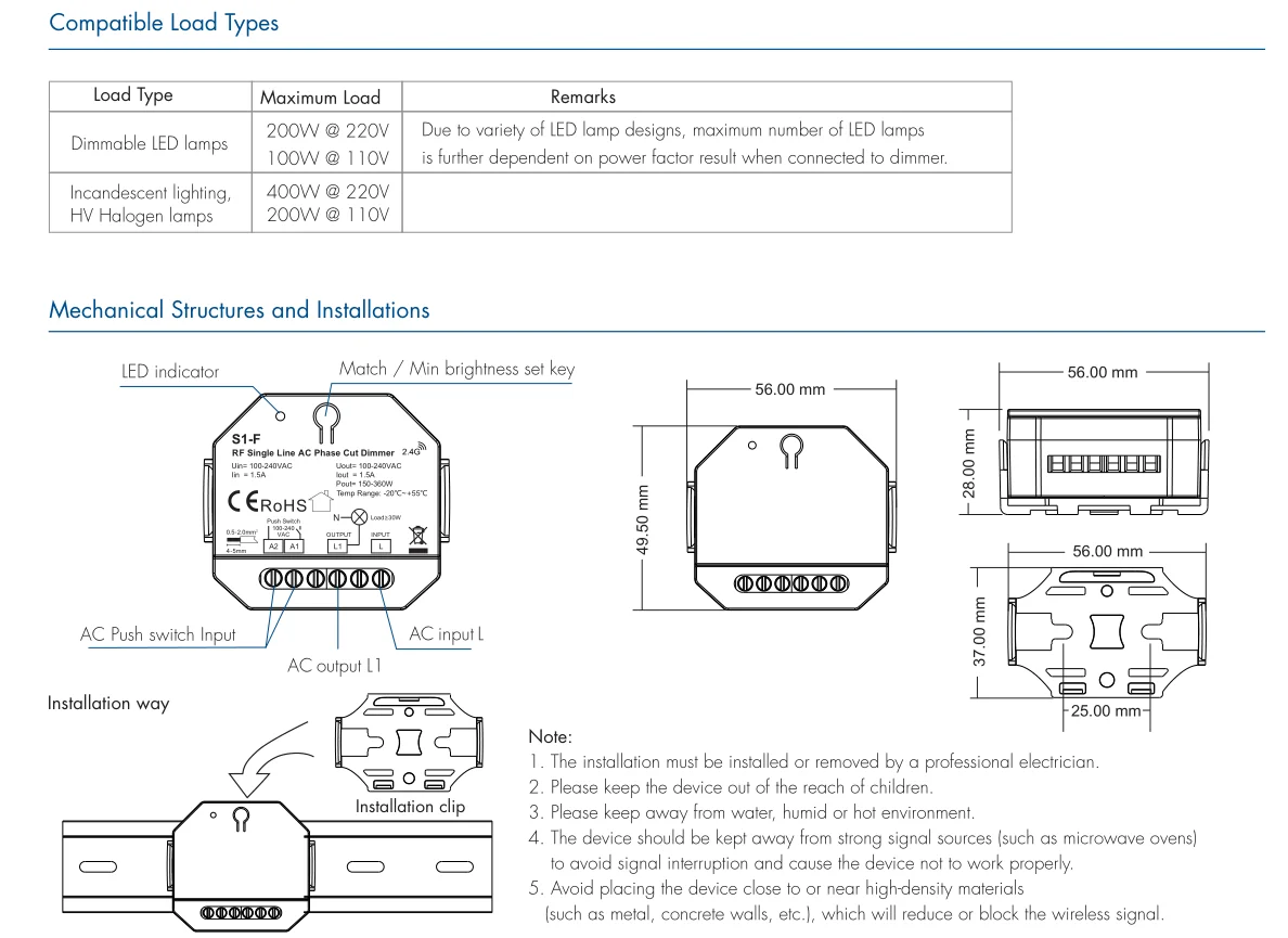Skydance Single Line Ac Phase Cut Rf Dimmer 100~240vac Triac Push ...