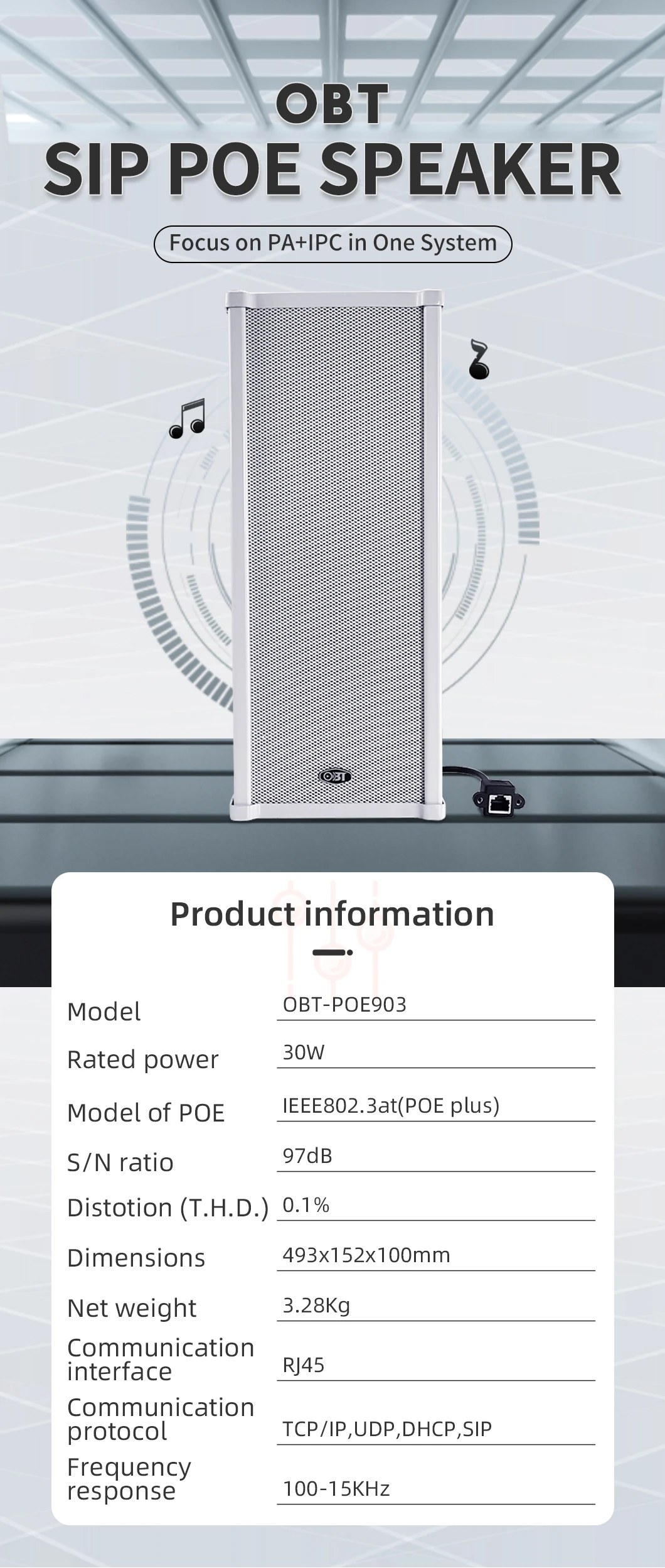 Pa Obt-poe903 Paging System Column With Aluminum Sip Poe Speaker Public ...