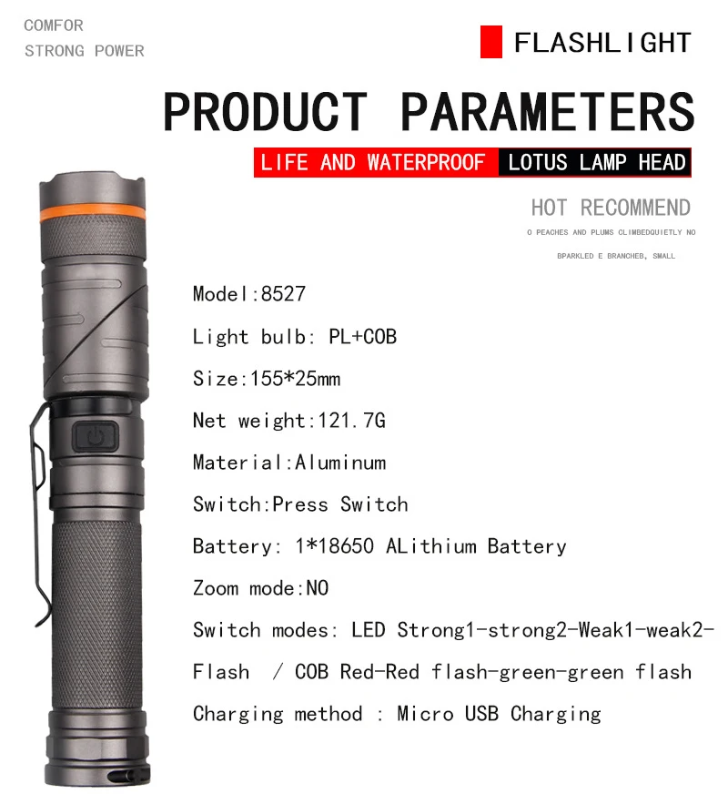 Rechargeable LED Flashlight Torch with Clip - Emergency Light Tool, OEM