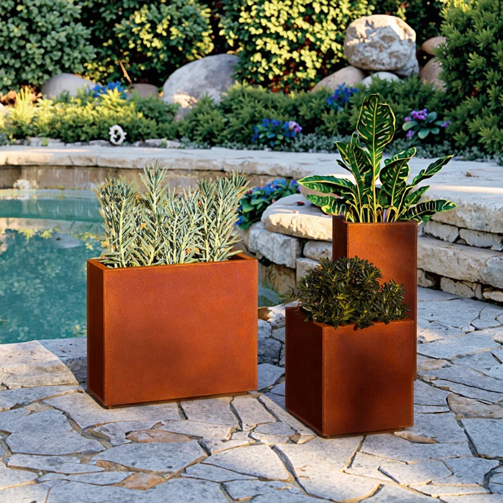 Modern Style Large Corten Steel Metal Planter Boxes Drainage Holes Eco ...
