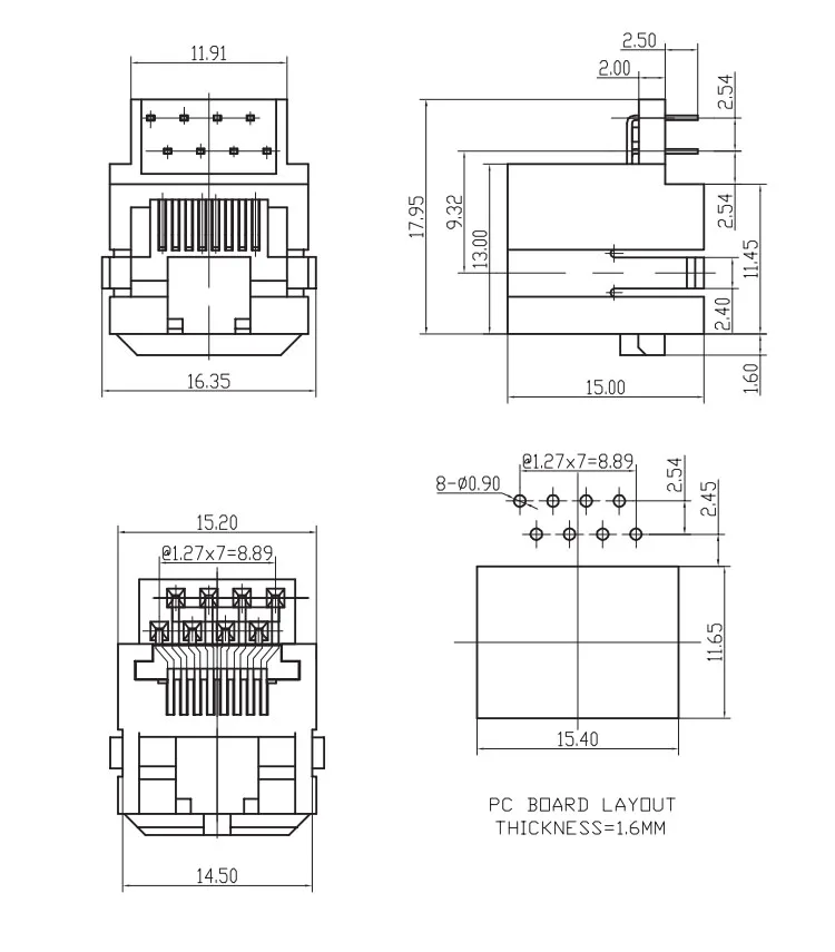 52 Bottom Entry Modular Connectors PCB 8pin 1.27mm Pitch Through Hole ...