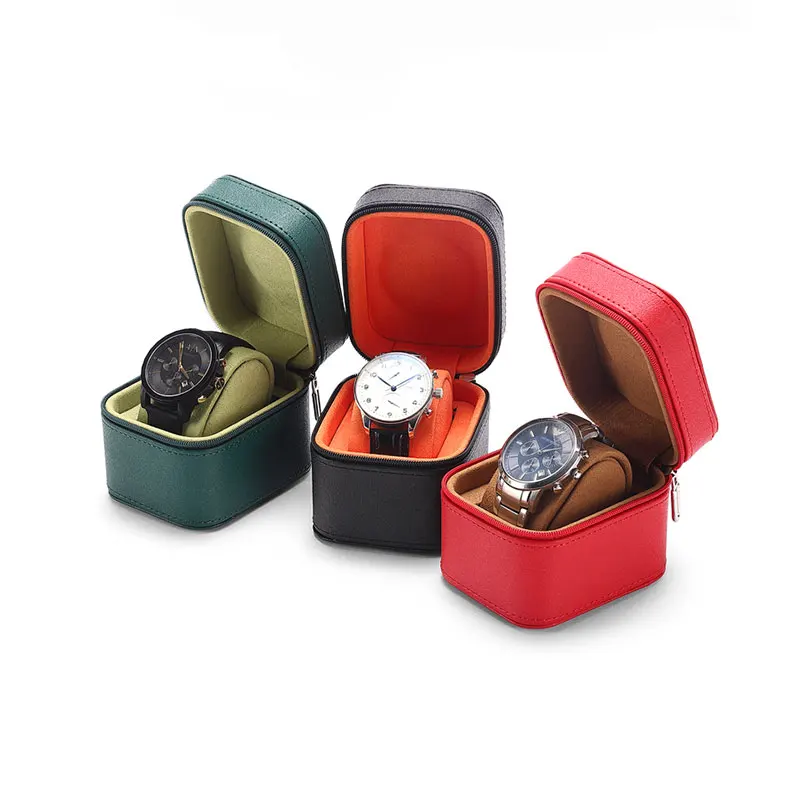 1 Slot Square Zipper Genuine Leather Travel Watch Organizer Case Single ...