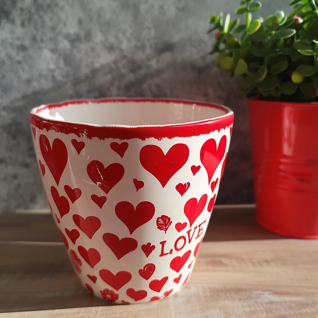 Romantic Love-themed Glazed Ceramic Flowerpot with Intricate Heart ...