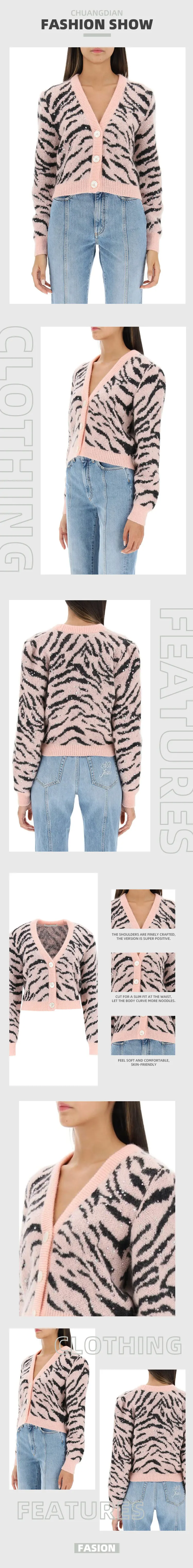 Ladies Fashionable Zebra Stripes With Rhinestones Women Knitwear V-neck ...