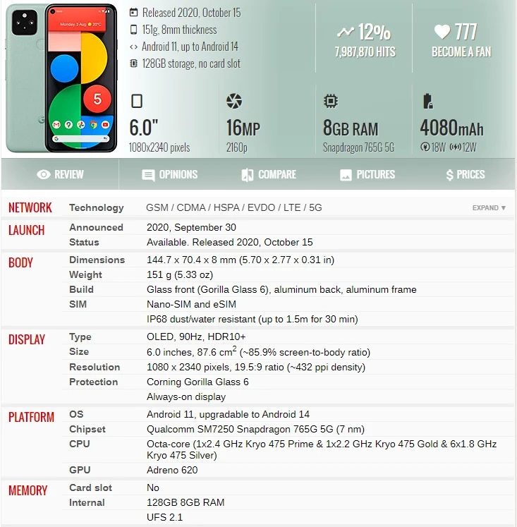 Original 5g Smartphone For Google Pixel5 128gb Used Mobile Phones ...