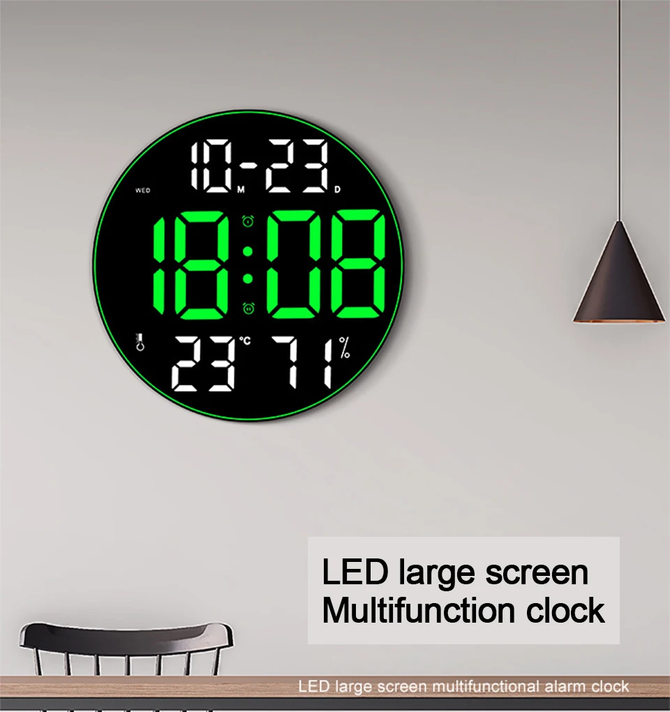 12 Inch Large Digital Wall Clock Remote Control Temperature Humidity ...