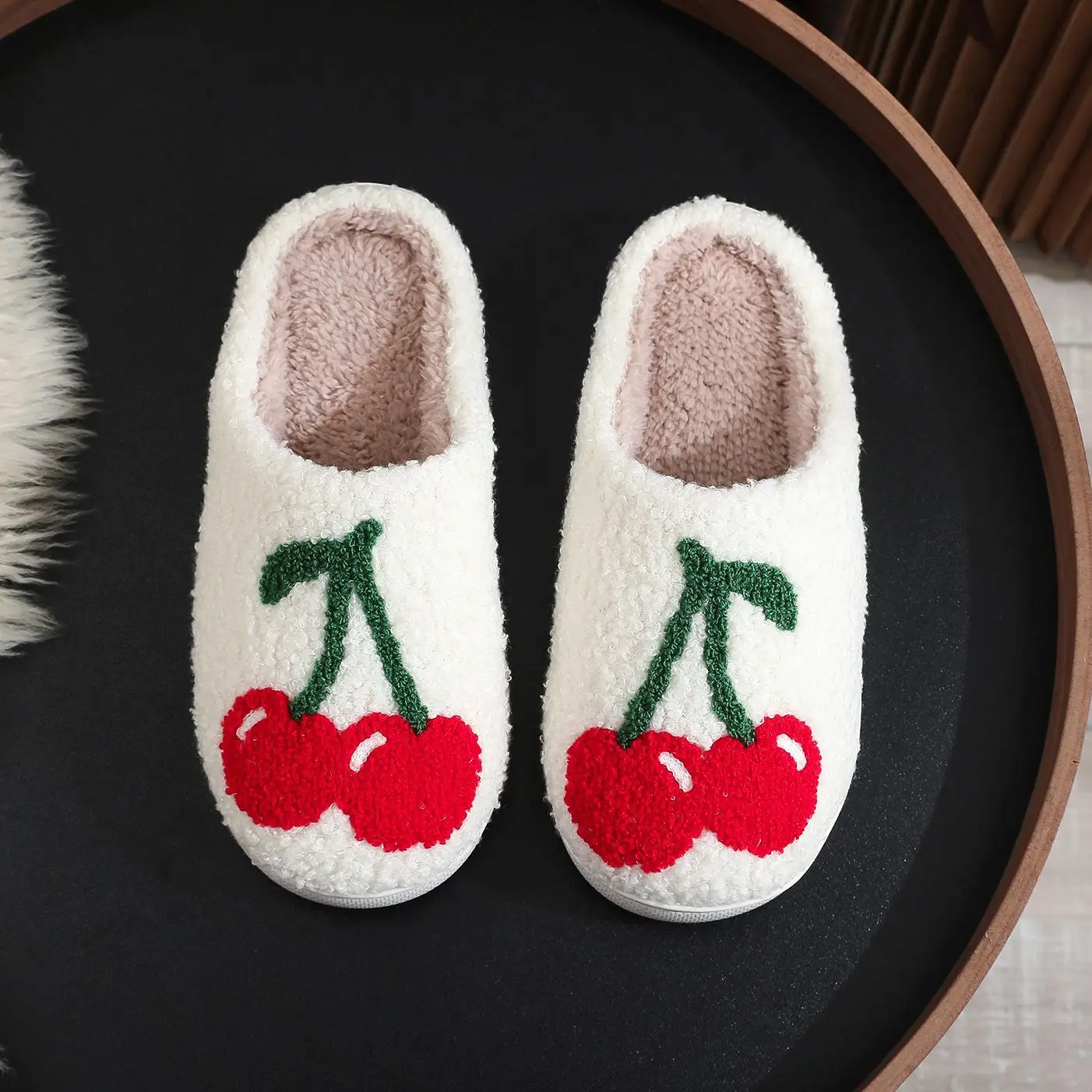 Trendy Chancletas Cherry Lady Winter Soft Fleece Flat Plush Fluffy Fur ...