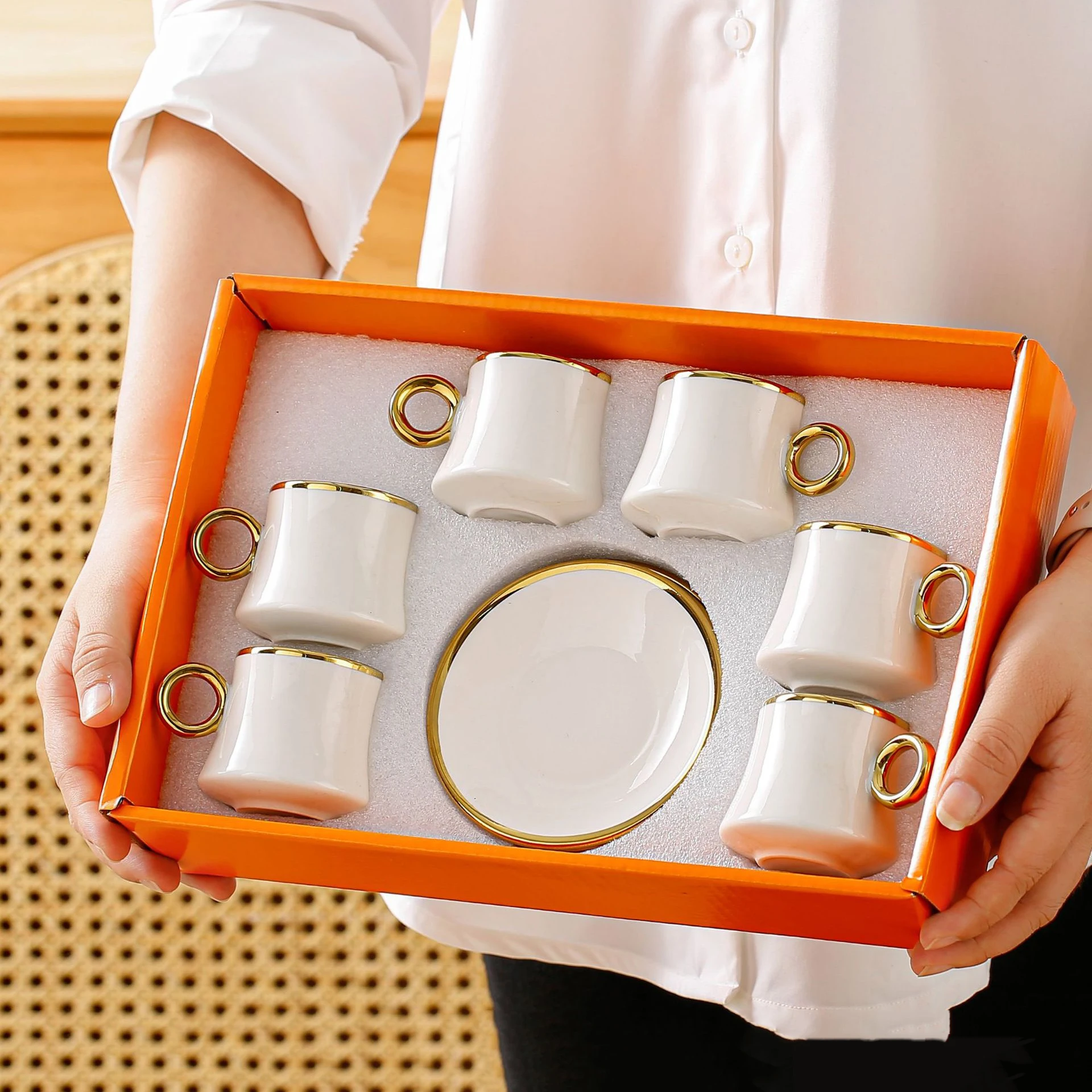 Wholesale Turkish Coffee Cup Set - 6 PCS Gold Handle Porcelain Tea Cups ...