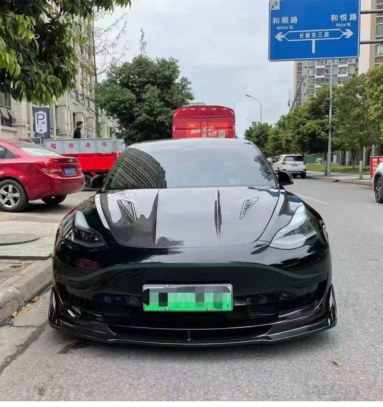 CMS Style Carbon Fiber Front Bumper Hood Bonnet for Tesla Model 3