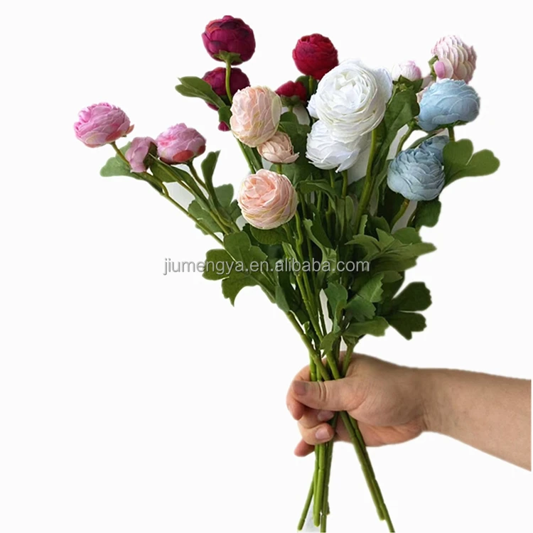 Artificial Ranunculus Flower Tea Rose with Green Leaves 3 Heads Faux ...