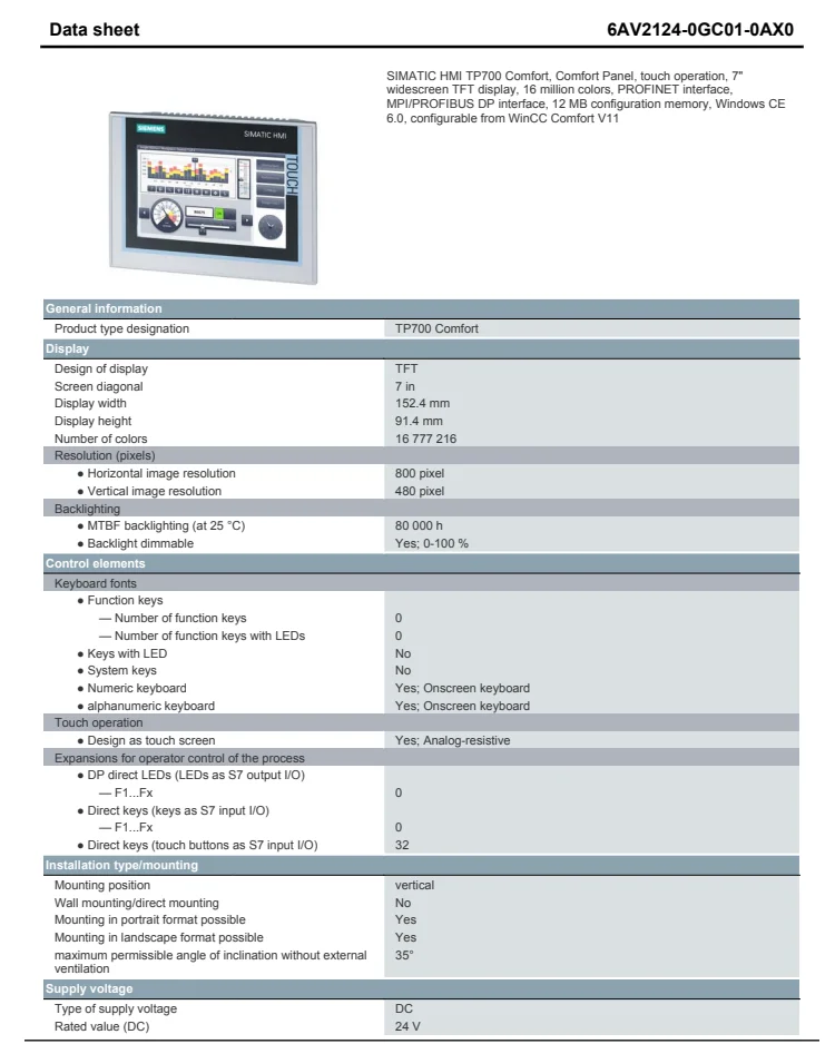 Siemens Simatic Hmi Tp700 6av2124-0gc01-0ax0 Operator Panel 7" Tft ...