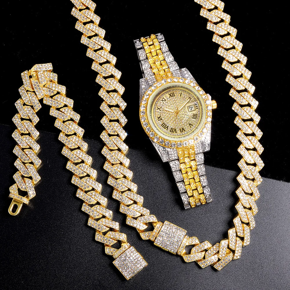 Luxury Watch Man Jewelry Sets Gold Diamond Quartz Watches For Men Gift ...