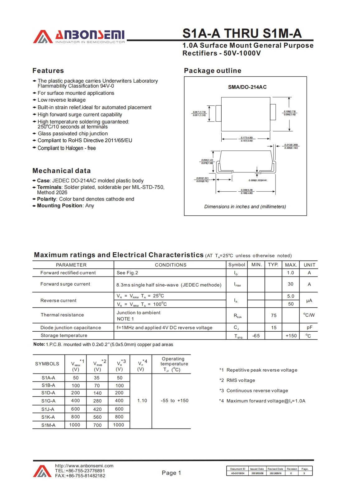 Anbon 1a 1000v S1m-a Sm/a Rectifier Diode - Buy Sm/a 1000v 1a Diode ...
