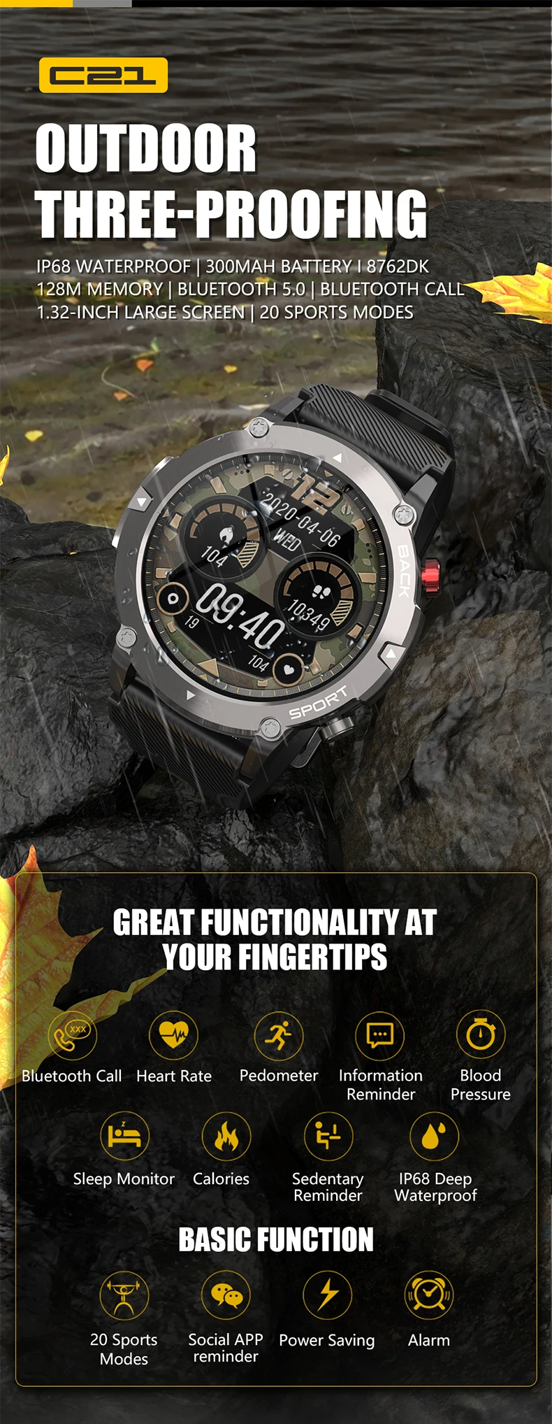 C21 Outdoor Smart Watch 1.32 Inch 360*360 Hd Screen Bt Calling Function ...