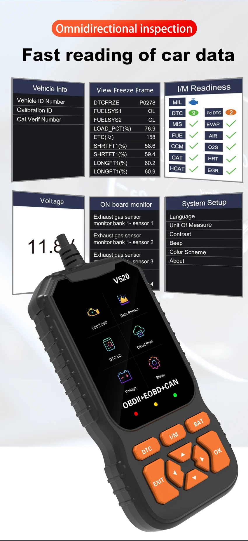 OBD2 Full Function V520 Code Reader - 12V Car Diagnostic Tool