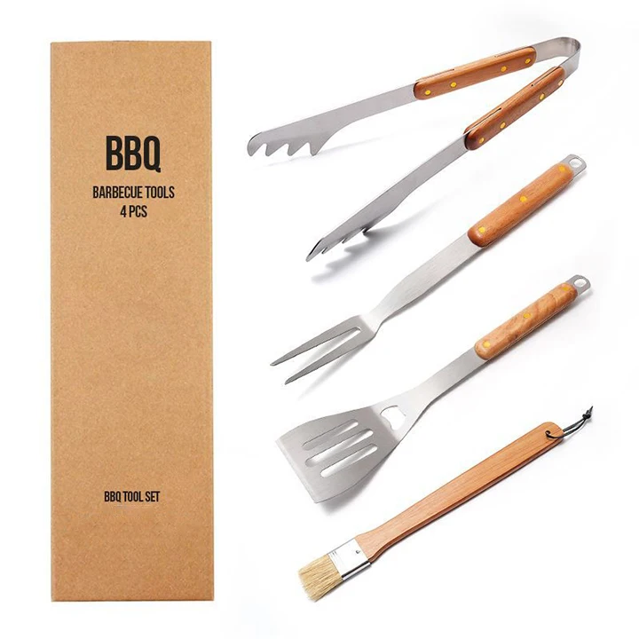 Stainless Steel BBQ Grill Tools Set with Wooden Handle Metal Barbecue ...