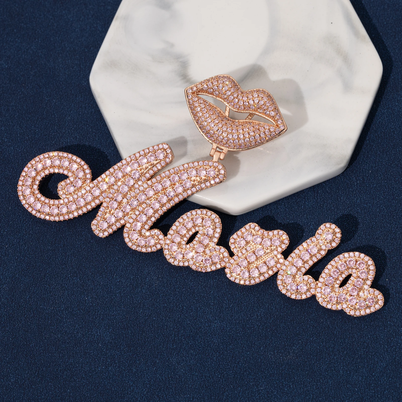 Iced Out Lips Hook Women Custom Name Necklace Baguette Chain Cz Rose ...