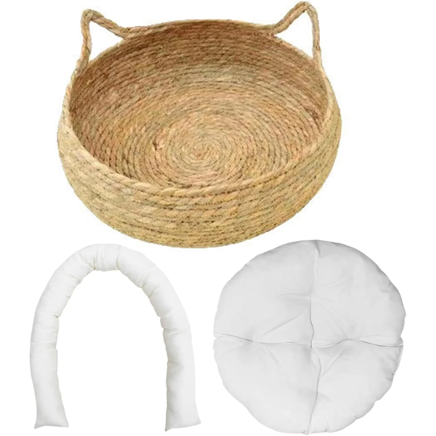 Straw Woven Cat Baskets Bed with Soft Cushion Round Basket Nest 2-in-1 ...