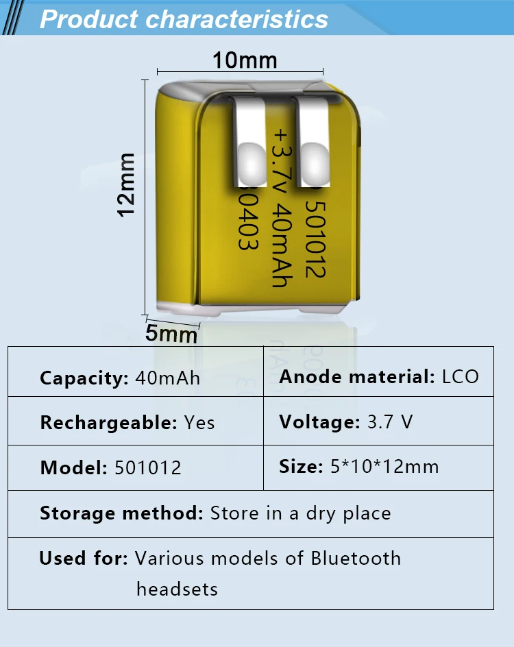 3.7V 40mAh Lithium Polymer Rechargeable Battery for Bluetooth Devices ...