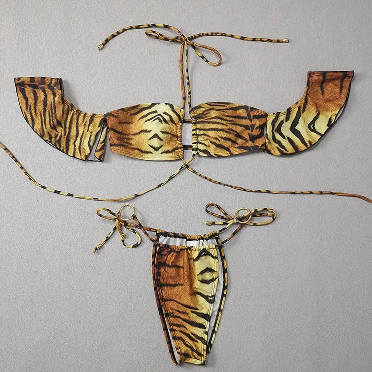 Hahawhale Ruffled Crossover Swimsuit Two Pieces Thong Black Swimming ...