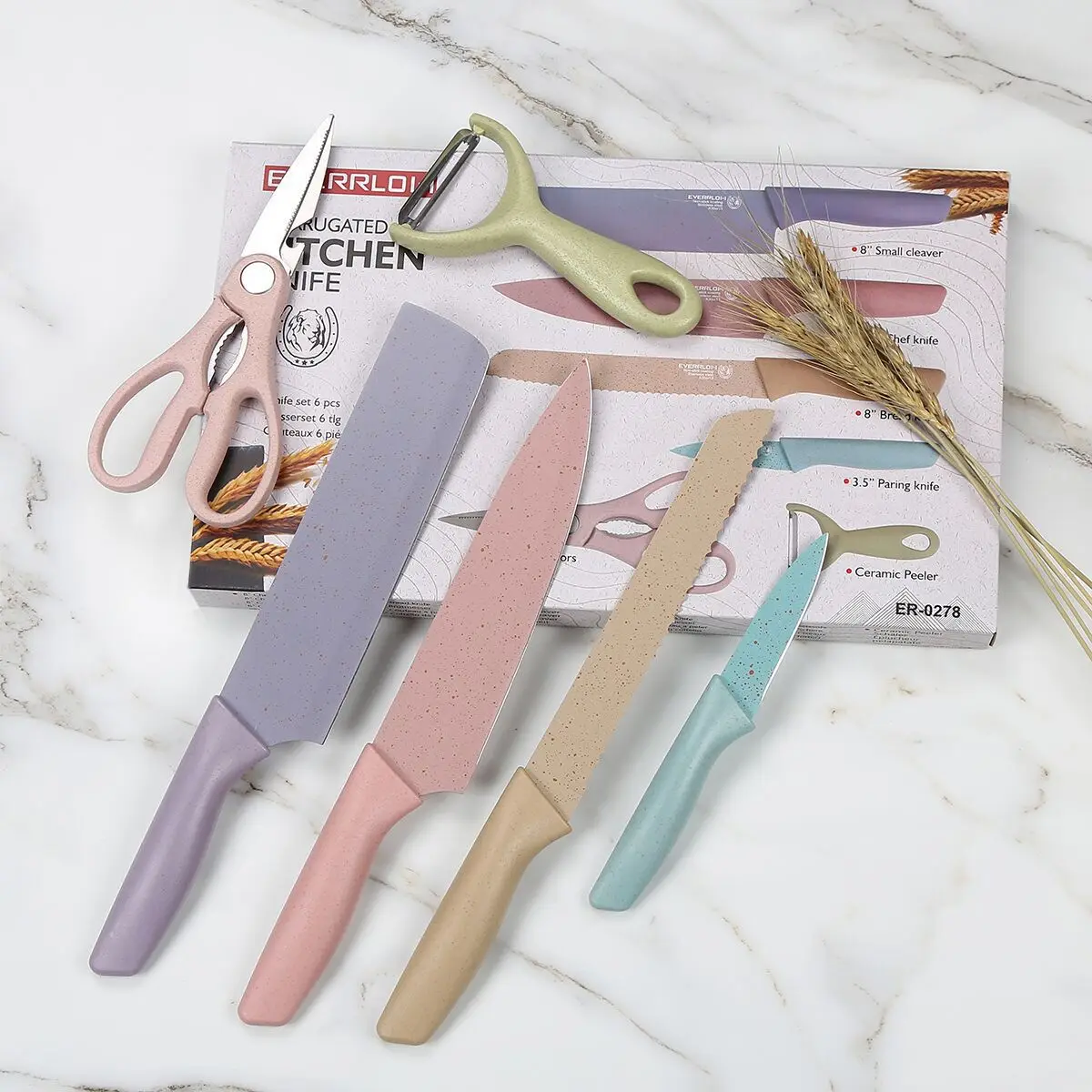 Customized Logo Kitchen Knife Set 6pcs Wheat Straw Chef Knife Barbecue ...