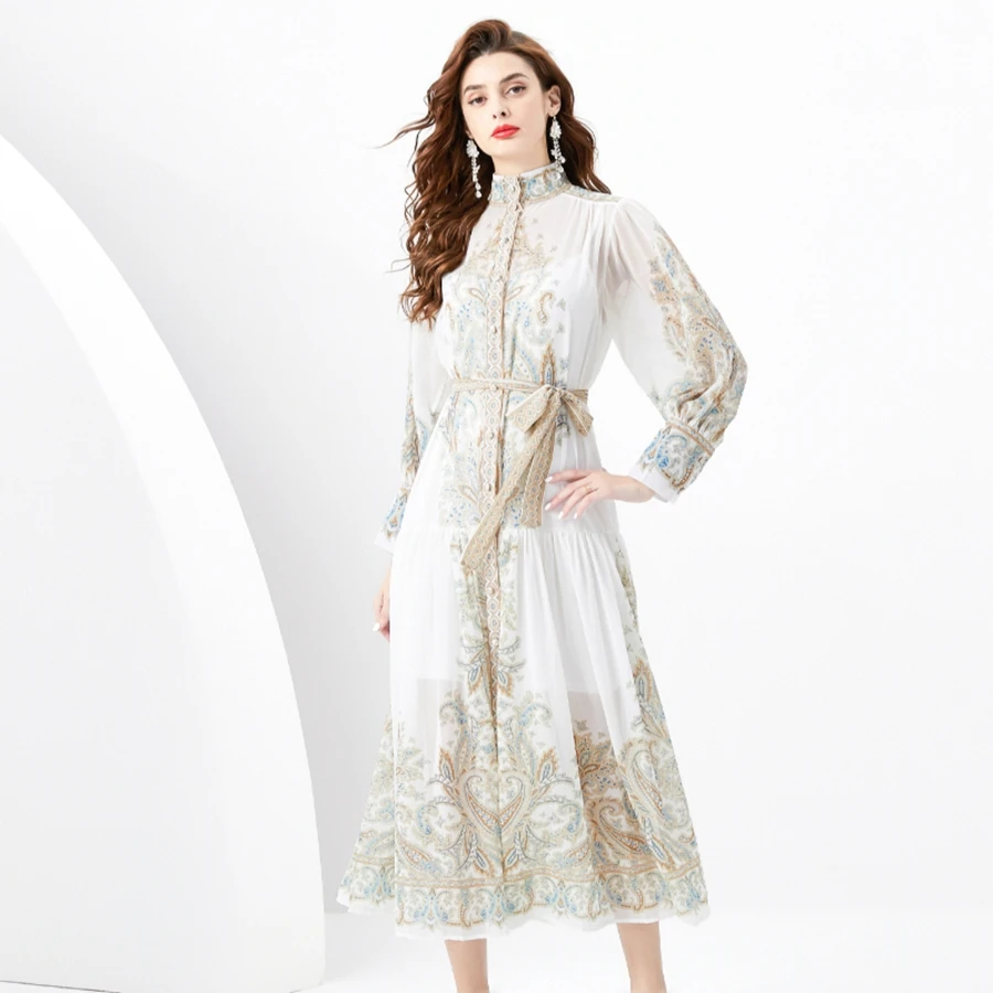 Plus Size 2024 Spring/summer Stand Up Neck Lantern Sleeves Long Retro ...