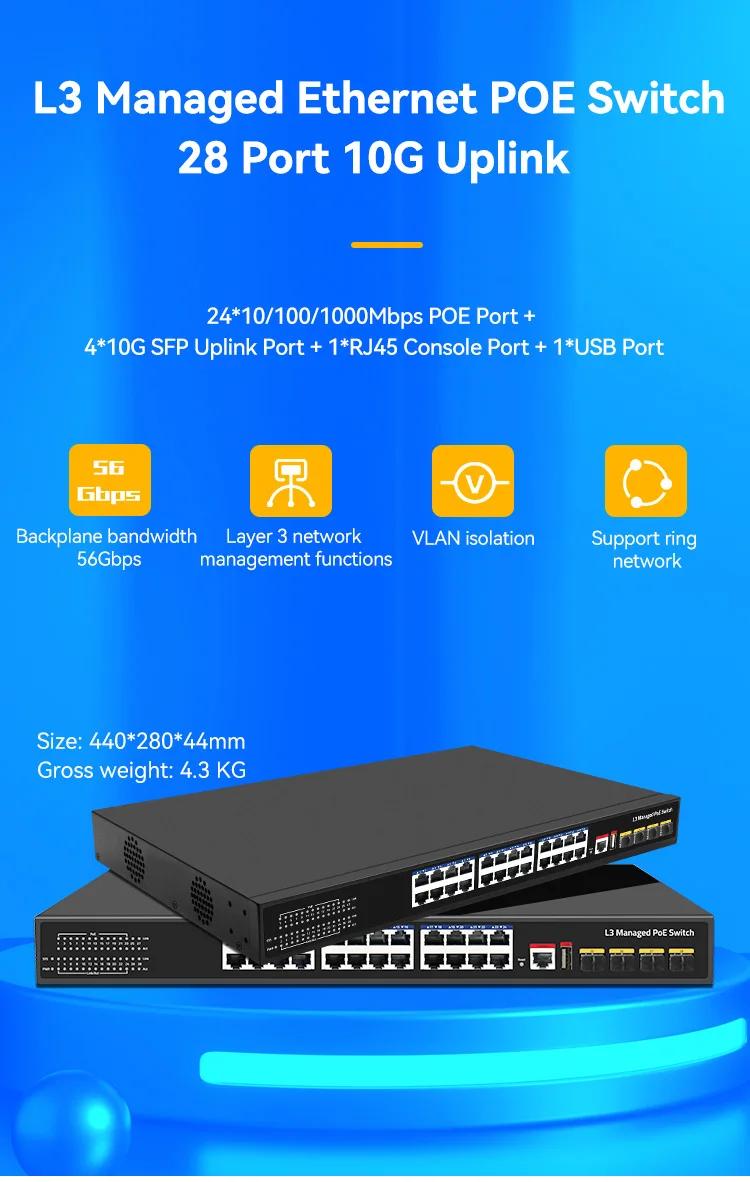 400W total power Layer 3 Managed Gigabit 24 ports poe switch with 10G ...