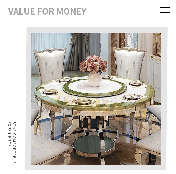 Modern Round Marble Dining Table Set for 6 - Stainless Steel & Gold ...