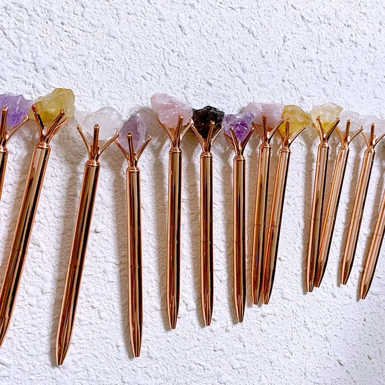 Wholesale High Quality Natural Raw Crystal Pens - Amethyst & Rose Gold