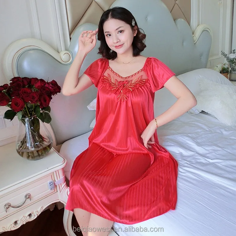 Summer Women's Nightgown Lace Sleepwear Night Bath Dress Gown Ice Silk ...