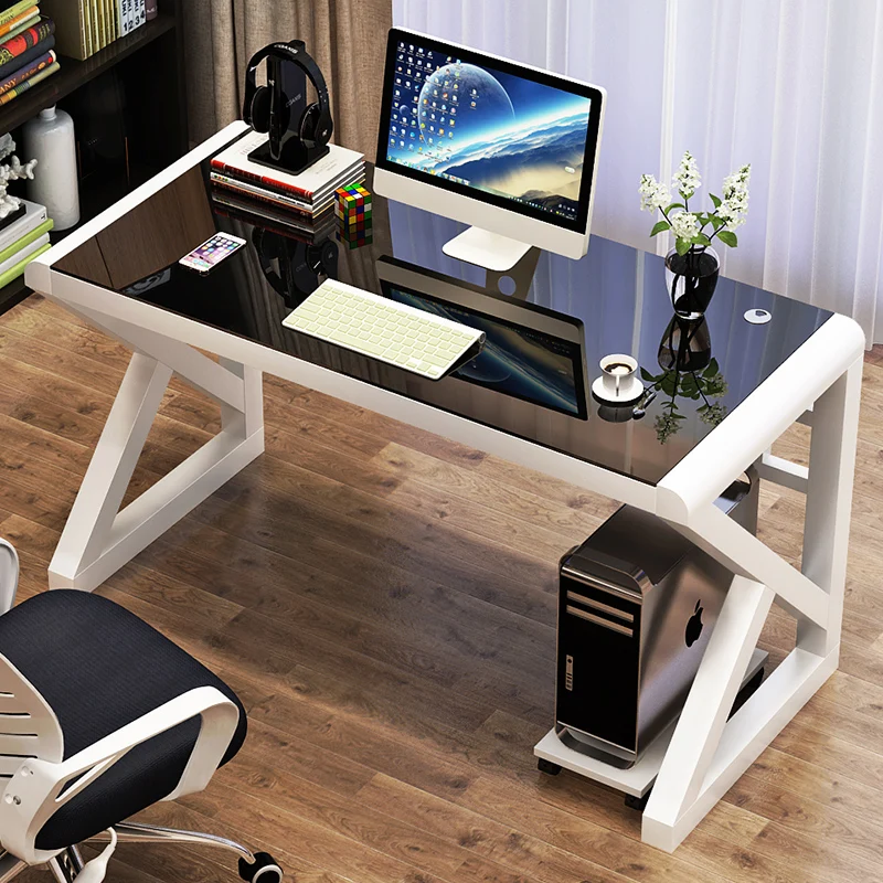 Home Writing Study Table Modern Tempered Glass Top Desk Top Computer ...