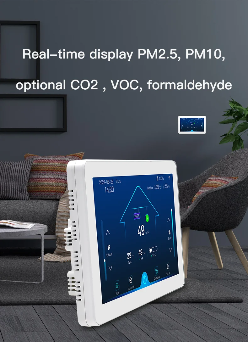 7 Inch VOC PM2.5 Temperature Humidity WIFI RS485 Modbus Fresh Air Intelligent Ventilation HVAC ...