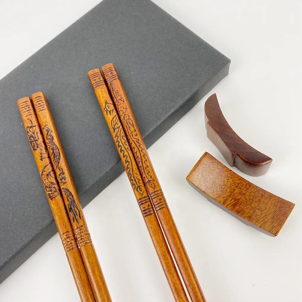 Vintage Chinese Dragon And Phoenix Pattern Natural Wood Chopsticks ...