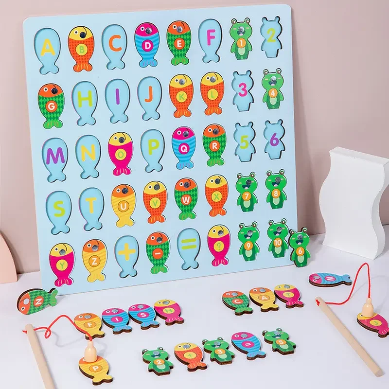 Montessori Wooden Interactive Fish Toys Alphabet Number Letter Board ...