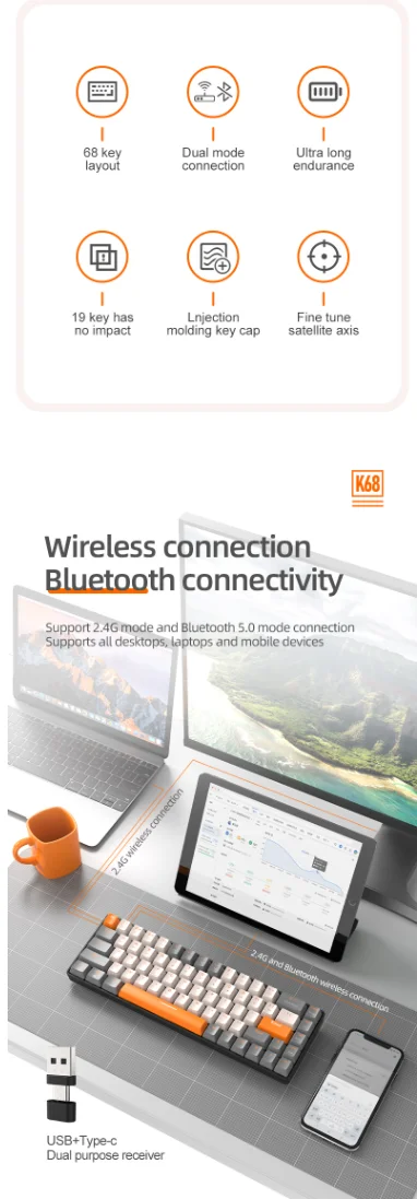 K68 Wireless Mechanical Keyboard 68 Keys Hotswap 2.4g/bt5.0 Dual-mode ...