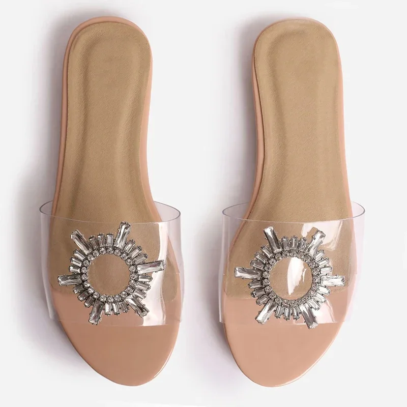 Women Crystal Clear Pvc Flat Summer Sandals Ladies Open Toe Pu Leather ...