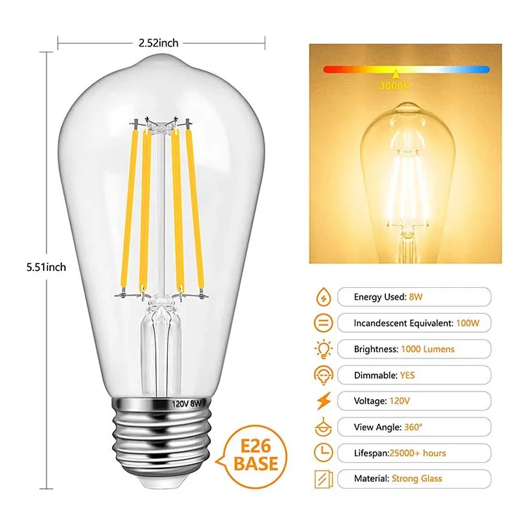 ST64 LED Light Bulb E26 E27 120V 220V Clear Glass LED Edison Vintage ...