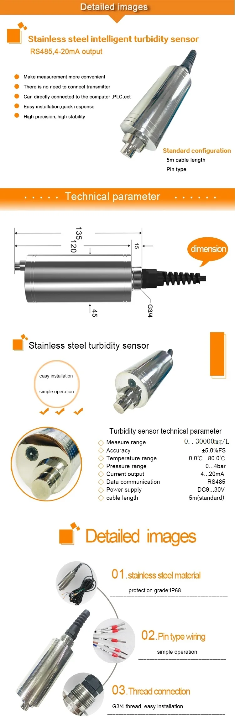 RS485 Digital 4-20ma Industrial MLSS Sensor for Water Treatment