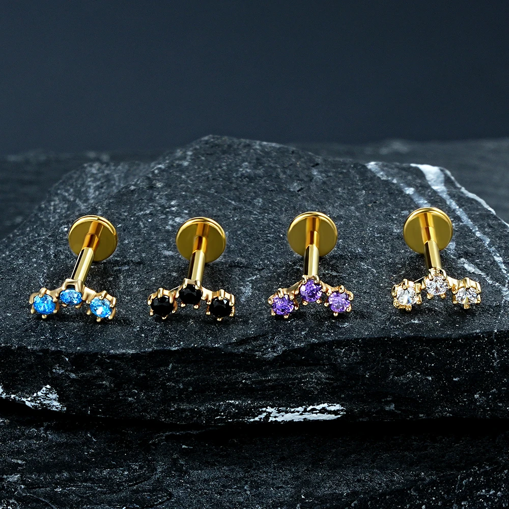 14K Solid Gold Threadless Labret Designs Gold Pin Earrings Colorful ...