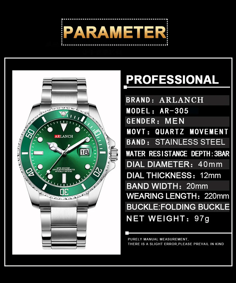 Arlanch 305 Fashion Mens Watches Gold Green Steel Quartz Wrist Watch ...