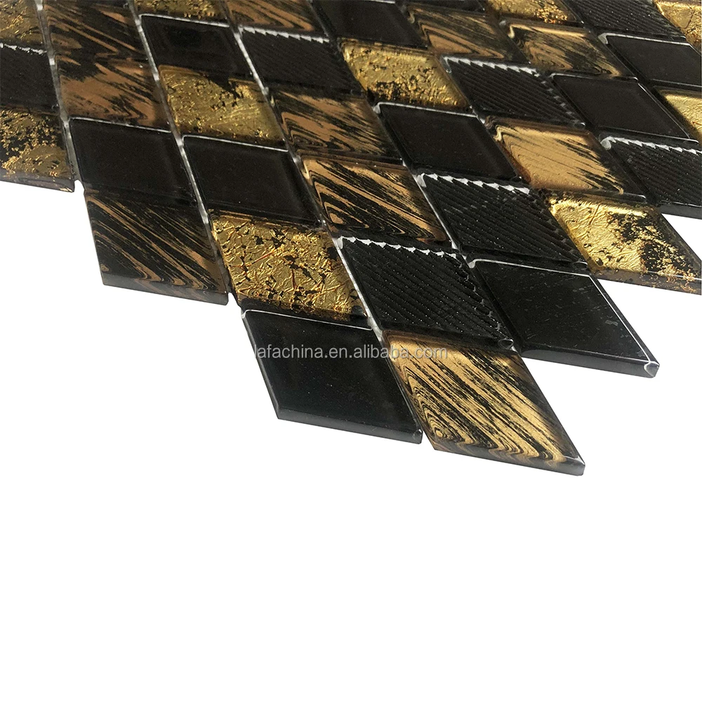Black and Gold Rhombus Diamond Shape Glass Mosaic Tiles