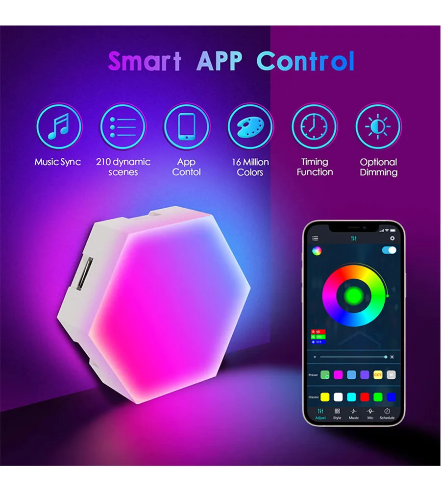 LED Hexagon Wall Panel Lights - Sync with Music & DIY