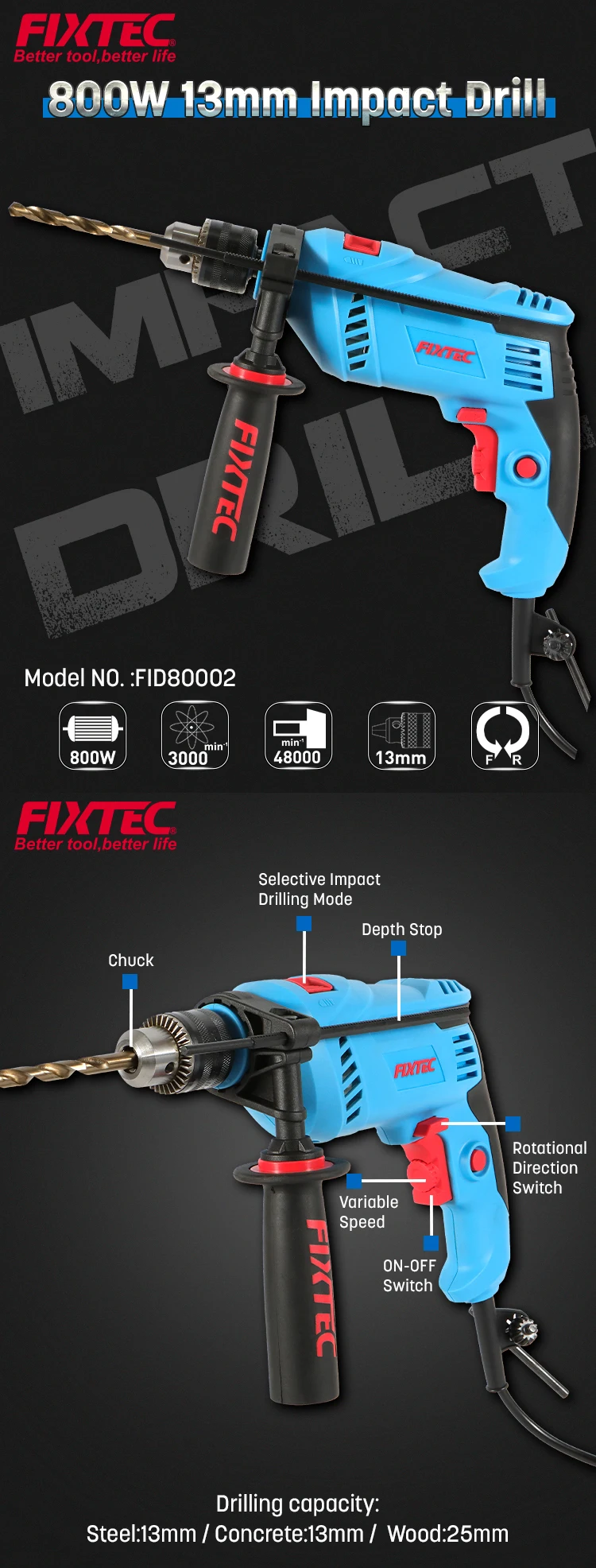 FIXTEC 13mm Key Chuck 3000rpm Power Hammer Drills Impact Machine