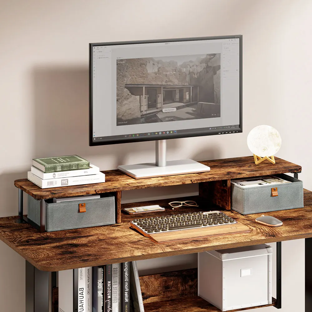 Desktop Storage Wood Monitor Stand Riser With Drawers For Home Office ...