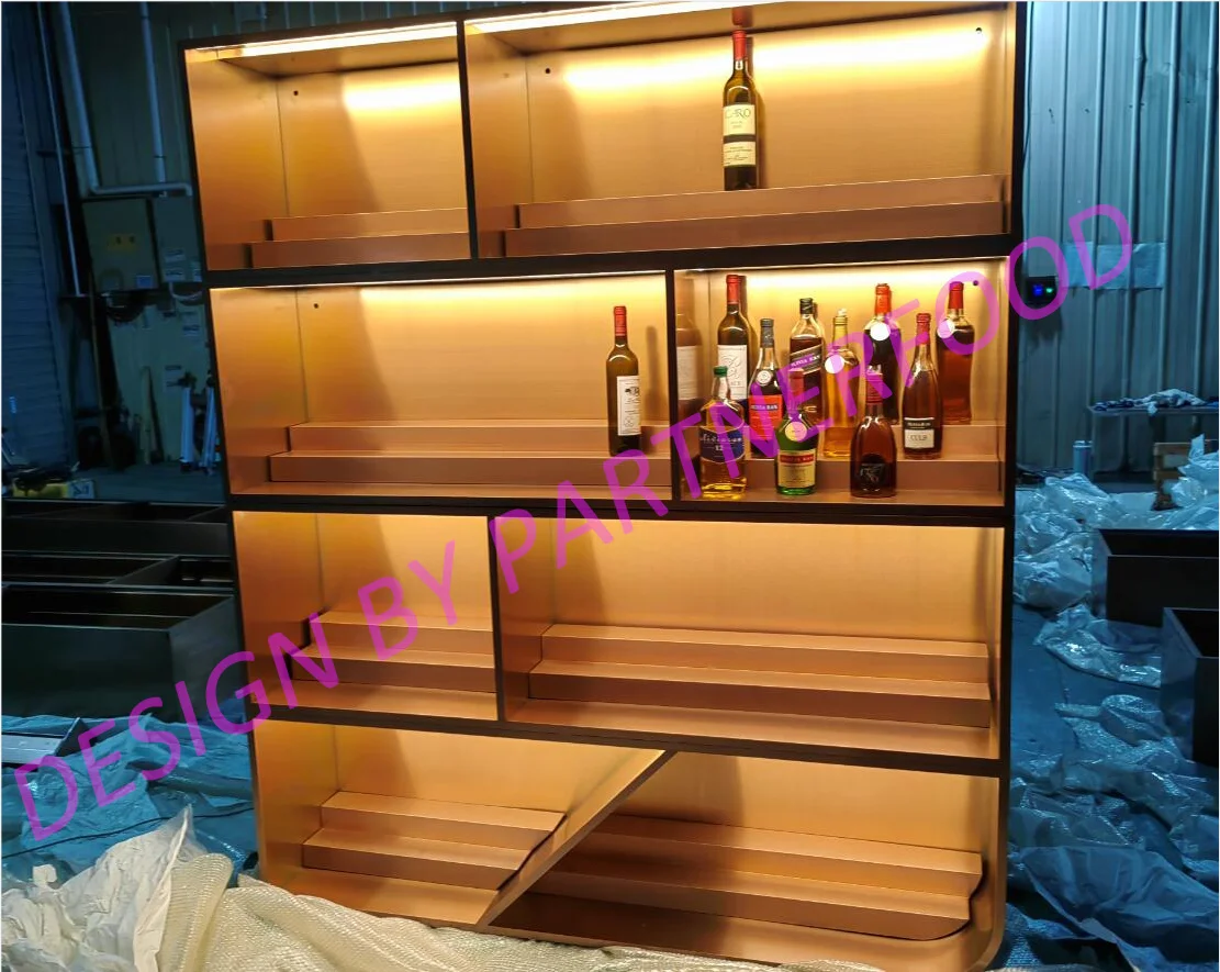 Modern Golden Back Bar Metal Shelf with LED Light for Bar/Hotel ...