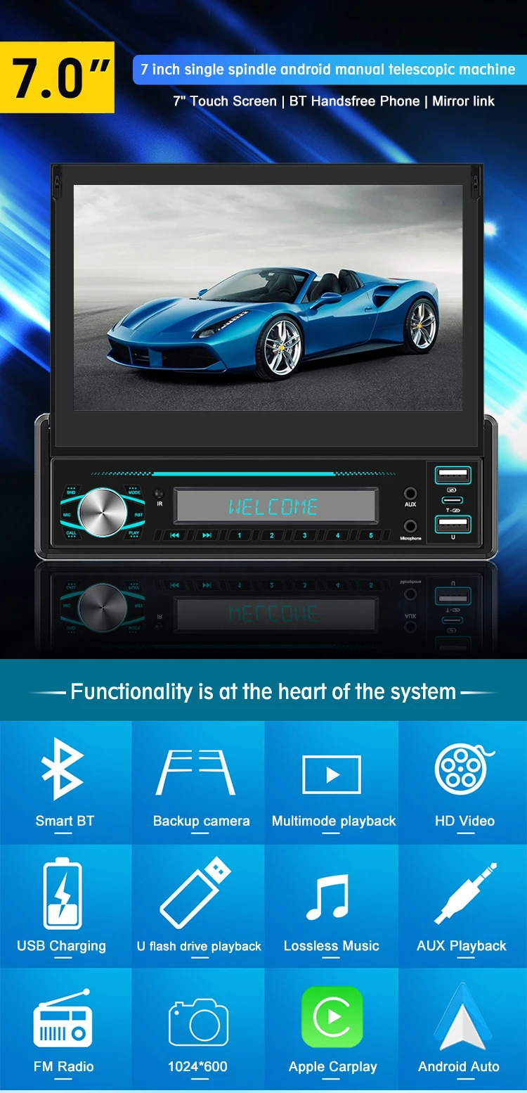 1din Android Car Radio 7'' - Bluetooth & Telescopic Screen